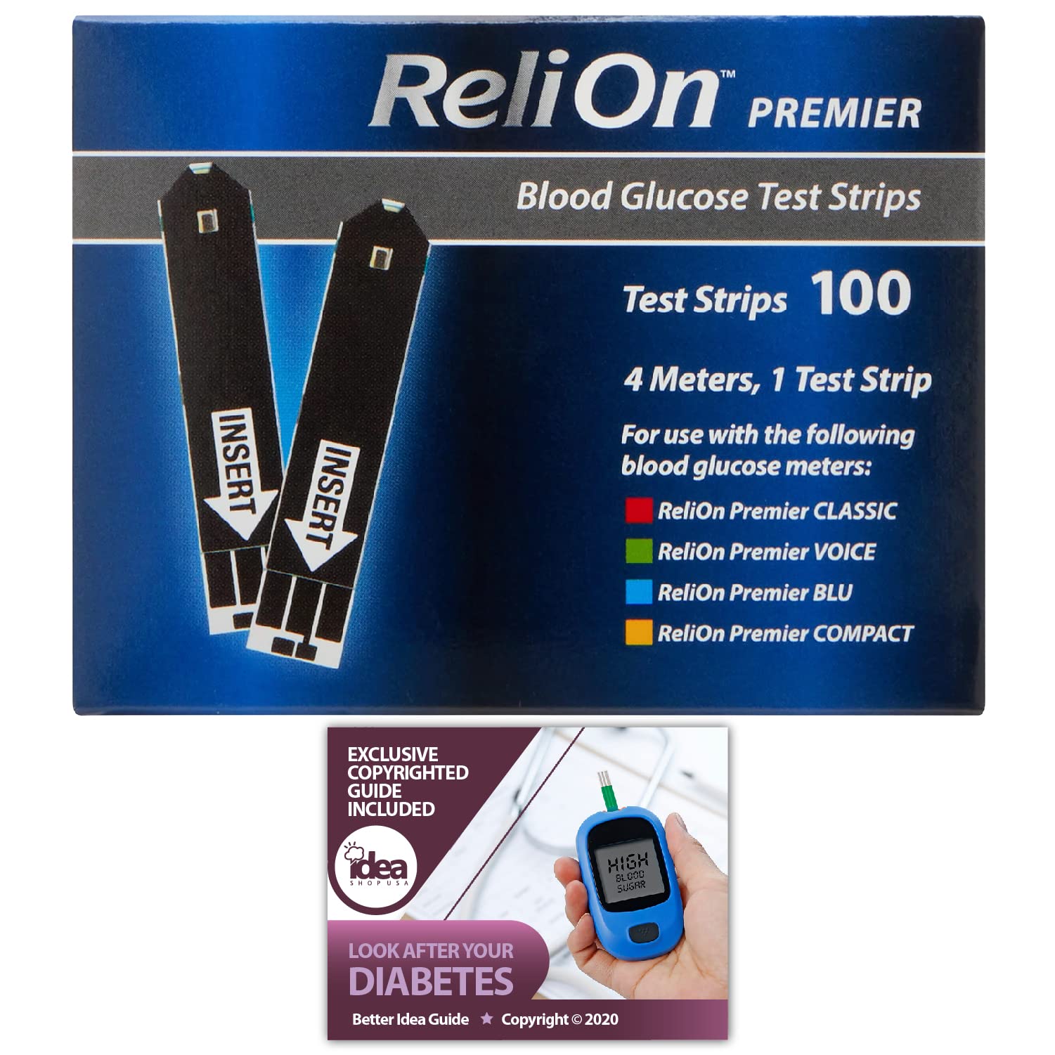 Reli On Premier Blood Glucose Testing Strips | Glucose Test Strips | Test Strips for Diabetes | Blood Sugar Strips | Diabetic Test Strips | Relion Premier Test Strips 100 Count 1 Pack + B. Idea Guide