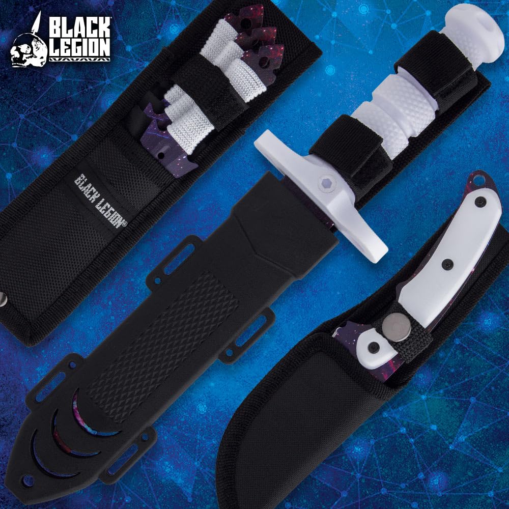 BLACK LEGION Cosmic Battle 6 Piece Knife Set | Includes Survival, Throwing, Pocket, Gut-Hook Knives | Fantasy Cosmic Design | Includes Sheaths for Each | Ergonomic Handles | Complete Set