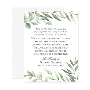 hello love goods greenery funeral thank you cards, sympathy acknowledgement cards, bereavement notes with envelopes, 4.25x5.5 flat notecards