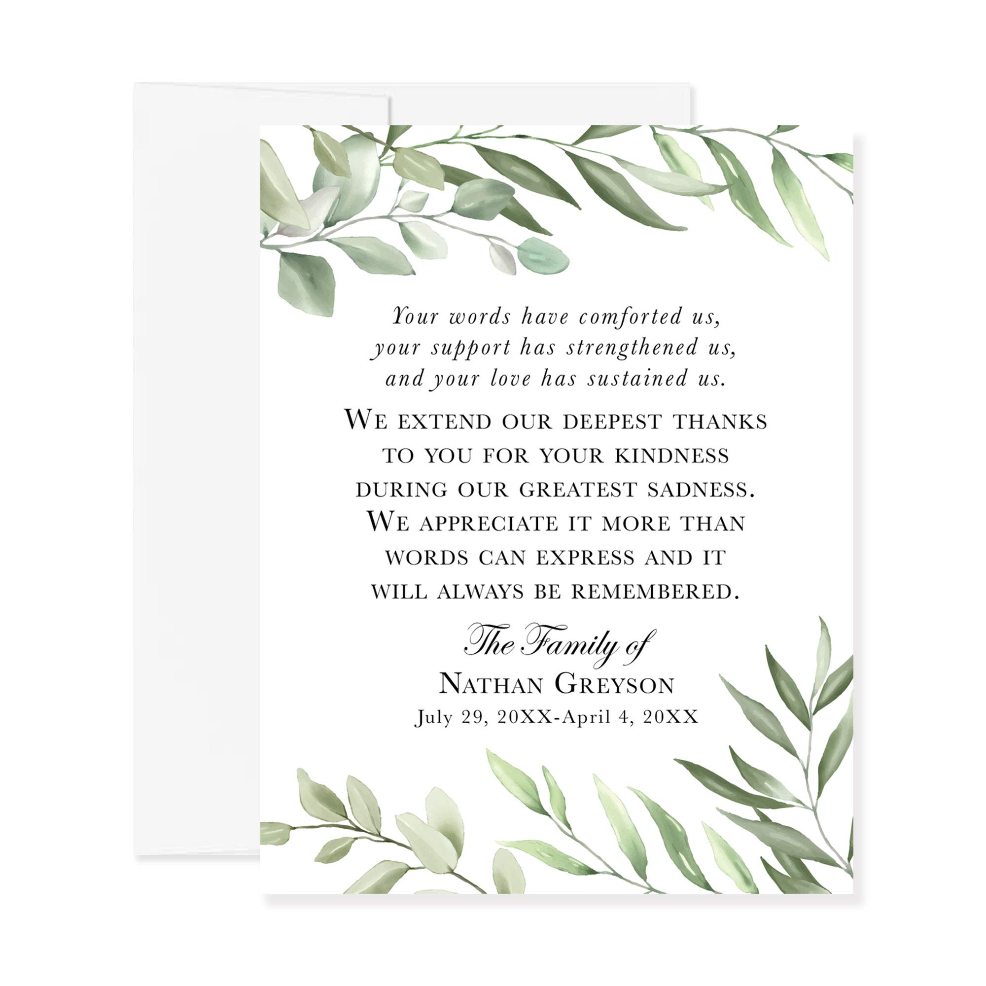 Hello Love Goods Greenery Funeral Thank You Cards, Sympathy Acknowledgement Cards, Bereavement Notes with Envelopes, 4.25x5.5 Flat Notecards