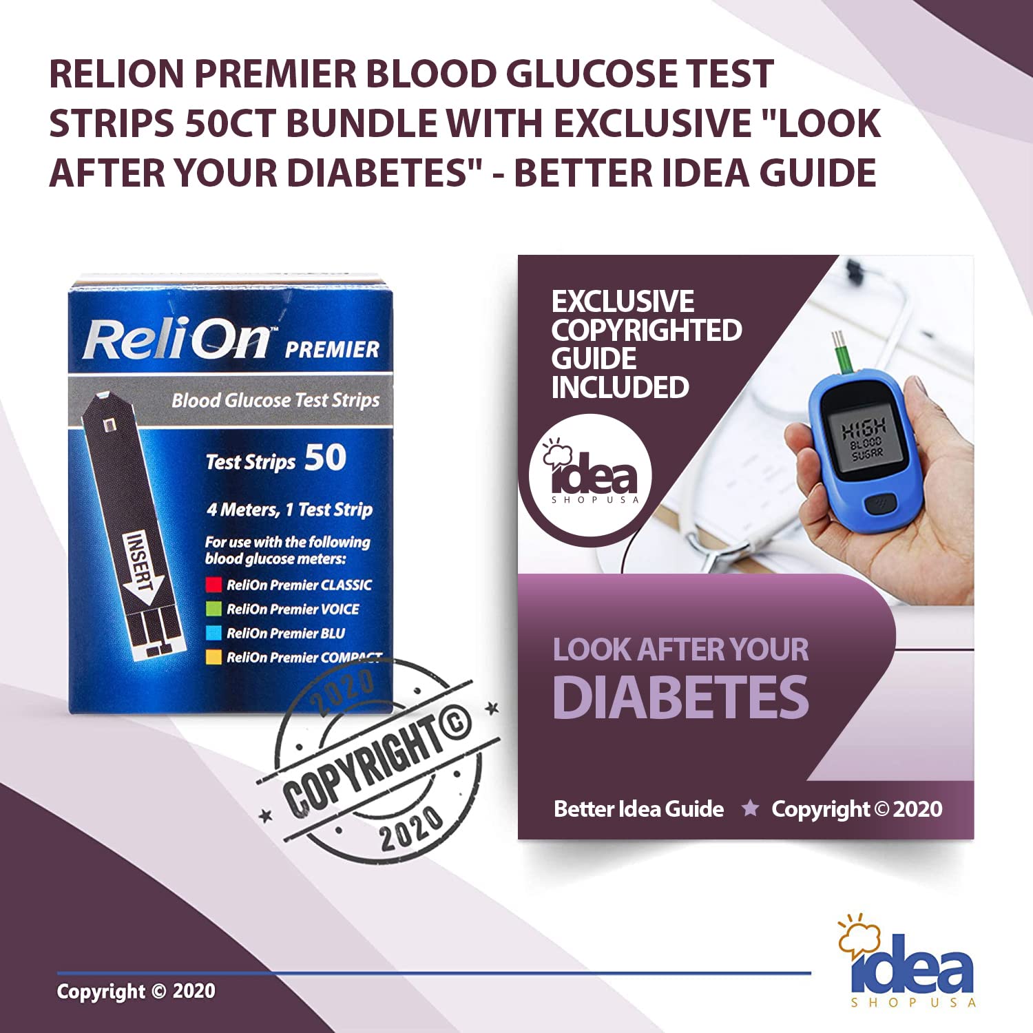 Relion Premier Blood Glucose Test Strips 50ct Bundle with Exclusive Look After Your Diabetes - Better Idea Guide (2 Items)