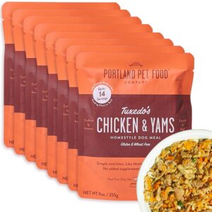 portland pet food company tuxedo’s chicken & yams wet dog food pouches - human-grade, gluten-free dog food toppers and meals for small, medium and large breeds - fresh dog food made in the usa - 8-pk