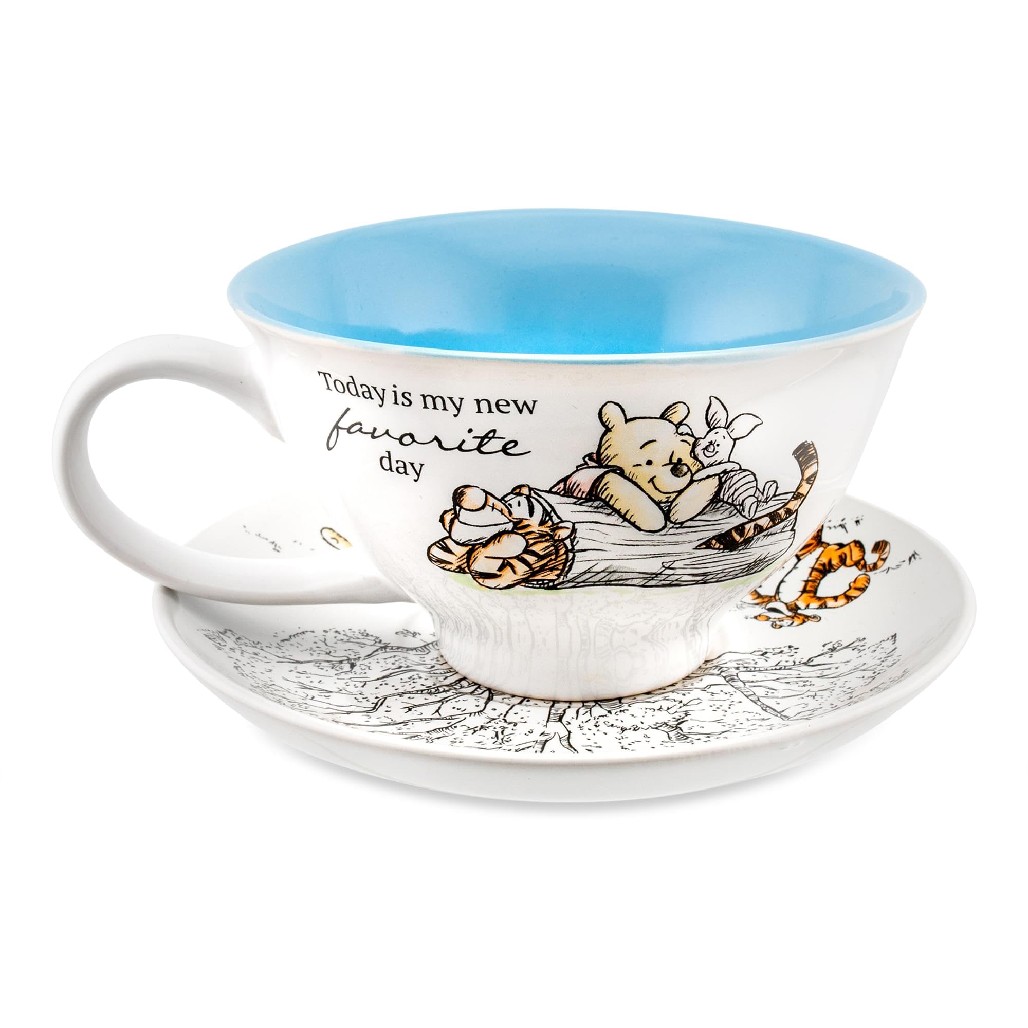 Silver Buffalo Disney Winnie the Pooh Walking Classic Scene Ceramic Teacup and Saucer, 12 Ounces