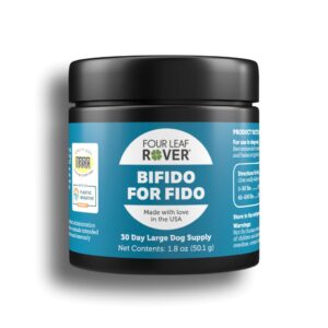 four leaf rover: bifido for fido - multi-strain dog probiotics and prebiotics for immune support - 50 billion cfus - 22 to 120 day supply, depending on dog’s weight - vet formulated - for all breeds