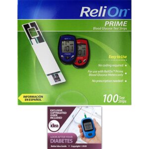 relion prime blood glucose test strips, 100 ct bundle with exclusive look after your diabetes - better idea guide (2 items)