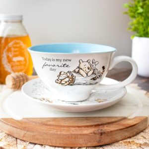 Silver Buffalo Disney Winnie the Pooh Walking Classic Scene Ceramic Teacup and Saucer, 12 Ounces