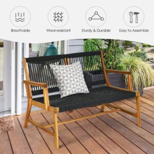 Tangkula 2-Person Patio Acacia Wood Bench Loveseat Chair, Outdoor Patio Bench Acacia Wood Bench in Teak Oil Finish, Patio Loveseat Rope Bench for Balcony Deck Poolside Porch (Black)