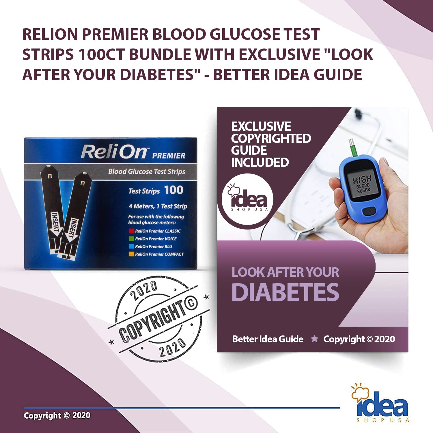 Reli On Premier Blood Glucose Testing Strips | Glucose Test Strips | Test Strips for Diabetes | Blood Sugar Strips | Diabetic Test Strips | Relion Premier Test Strips 100 Count 1 Pack + B. Idea Guide