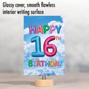 NobleWorks - 16th Happy Birthday Notecard with Envelope - Fun Bday Card for Birthdays, Milestone Celebration for 16 Year Old - Inflated Messages 16 (Not Actual Balloons, 3D or Raised) C9392MBG