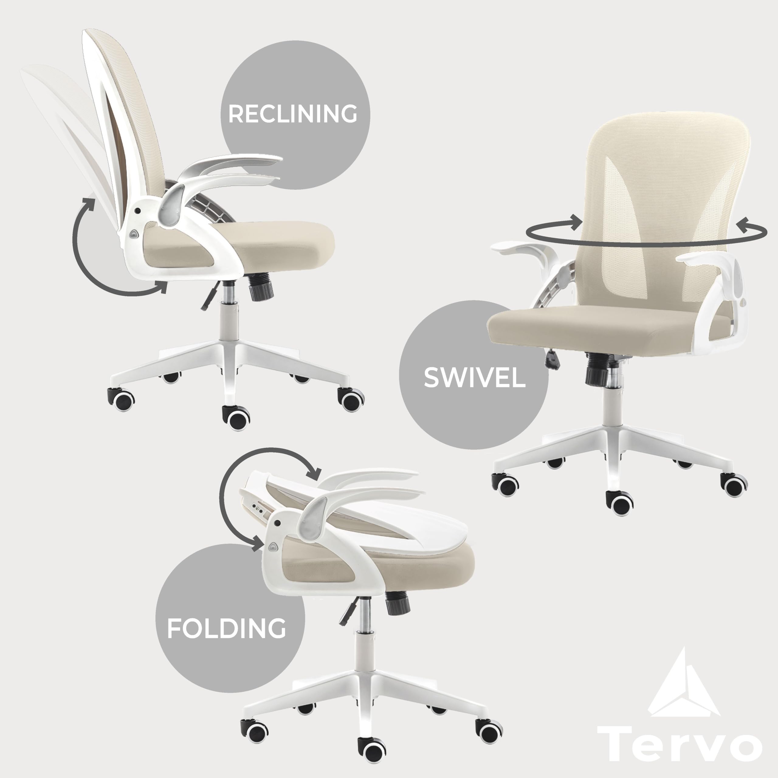 Tervo Office Chair | Foldable & Adjustable Height for Small Spaces | Gaming Chair | Swivel Desk Chair for Home Work | Ergonomic Mesh Computer Chair for Bedroom (Beige)