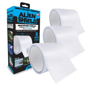 bell+howell alien shield transparent sealing tape waterproof repair tape adhesive strips patch tape to repair tears, cracks, and leaks, 3 rolls total 15 feet rolls x 4” width as seen on tv