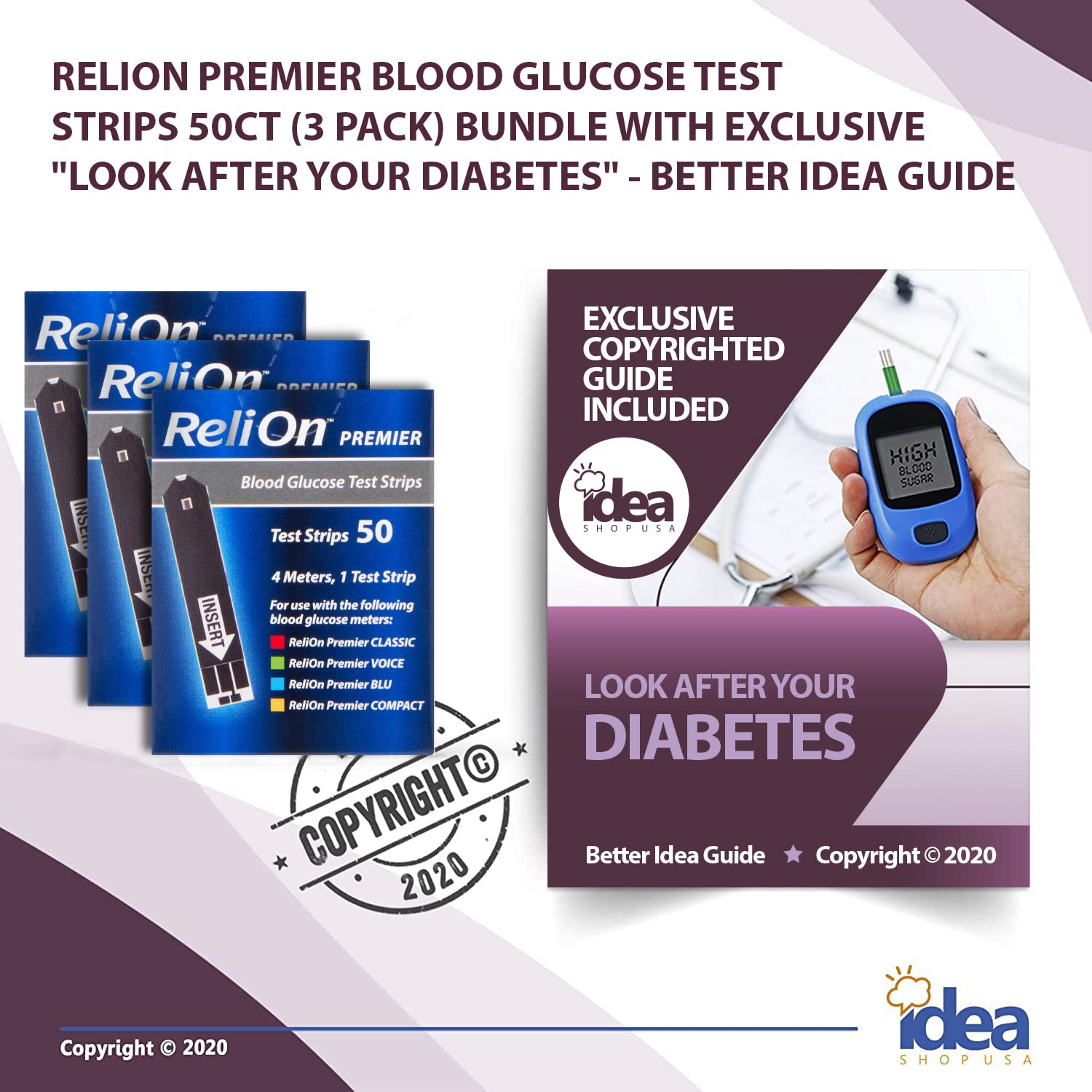 Relion Premier Blood Glucose Test Strips 50ct (3 Pack) Bundle with Exclusive "Look After Your Diabetes" - Better Idea Guide (4 Items)