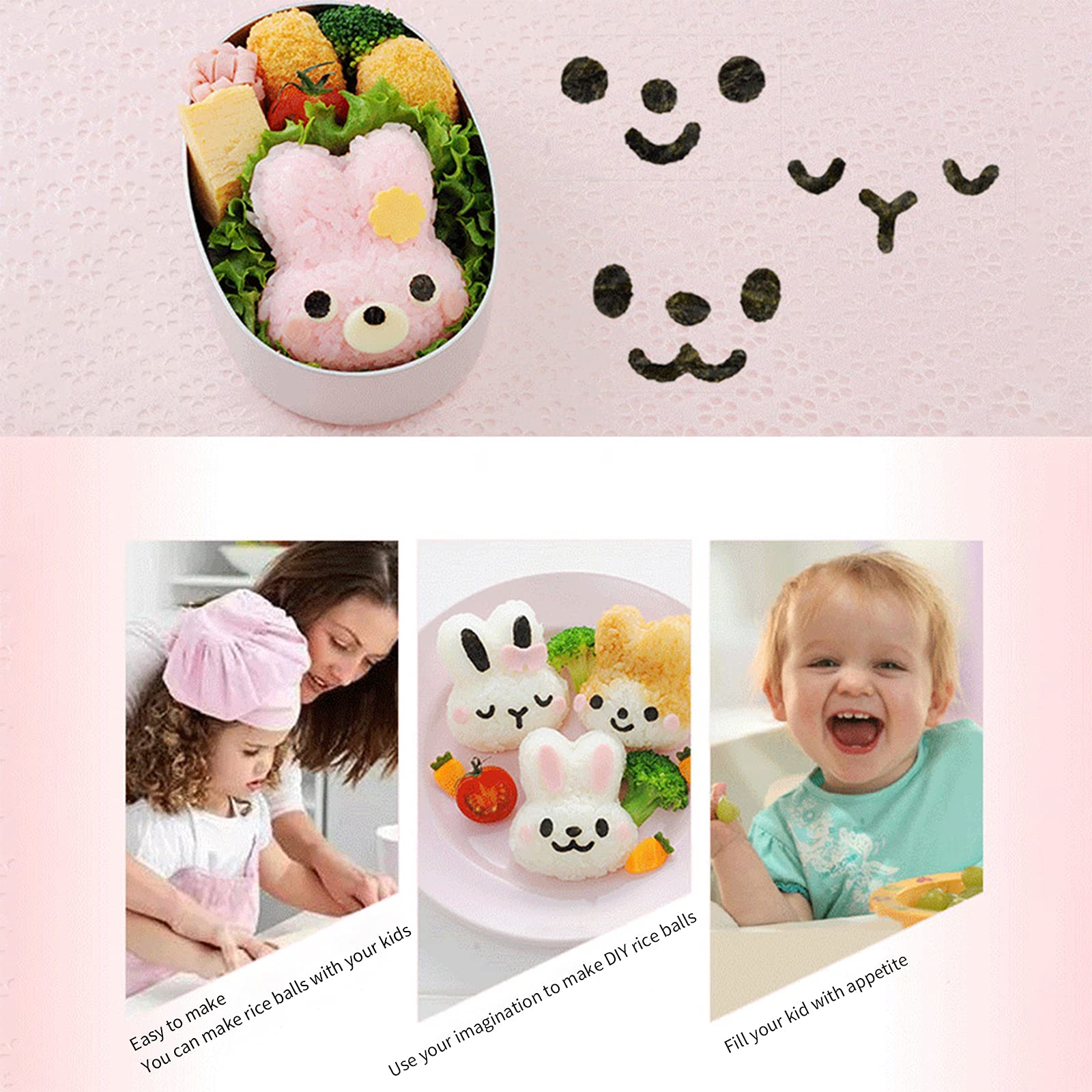 Rice Ball Molds for Kids Cute Rabbit Pattern Sushi Mold Rice Shaper Onigiri Mold Bento Accessories DIY Kitchen Tools with Nori Seaweed Punch Cutter