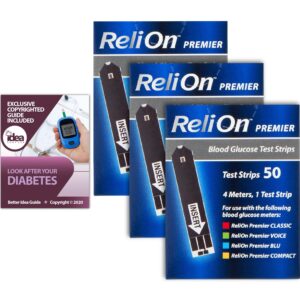 relion premier blood glucose test strips 50ct (3 pack) bundle with exclusive "look after your diabetes" - better idea guide (4 items)