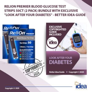 Relion Premier Blood Glucose Test Strips 50ct (2 Pack) Bundle with Exclusive "Look After Your Diabetes" - Better Idea Guide (3 Items)