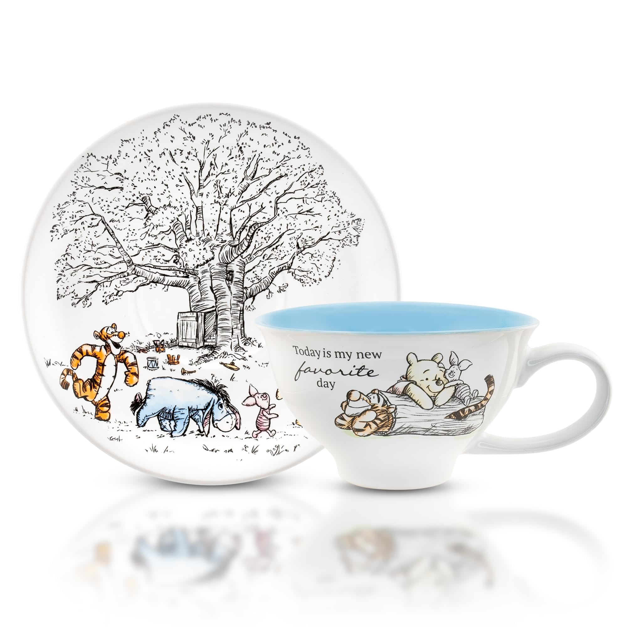 Silver Buffalo Disney Winnie the Pooh Walking Classic Scene Ceramic Teacup and Saucer, 12 Ounces