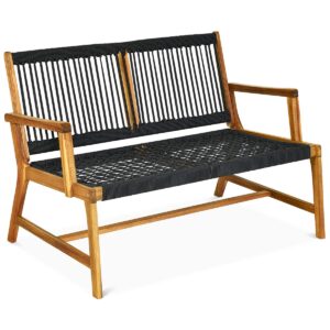 tangkula 2-person patio acacia wood bench loveseat chair, outdoor patio bench acacia wood bench in teak oil finish, patio loveseat rope bench for balcony deck poolside porch (black)