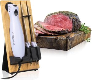 serrated carving electric knife set by chef pro, with wooden storage block, 2 interchangeable stainless-steel blades, precise cutting and carving of meats, fruits, breads, comfortable design, white