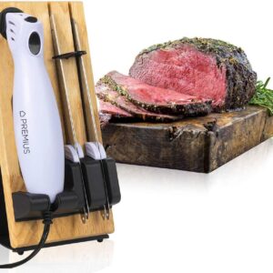 SERRATED CARVING ELECTRIC KNIFE SET By Chef PRO, With Wooden Storage Block, 2 Interchangeable Stainless-Steel Blades, Precise Cutting and Carving of Meats, Fruits, Breads, Comfortable Design, White