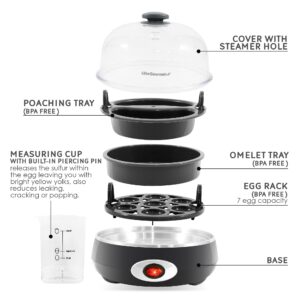 Elite Gourmet EGC007CHC# Rapid Egg Cooker, 7 Easy-To-Peel, Hard, Medium, Soft Boiled Eggs, Poacher, Omelet Maker, Auto Shut-Off, Alarm, 16-Recipe Booklet, Charcoal Grey