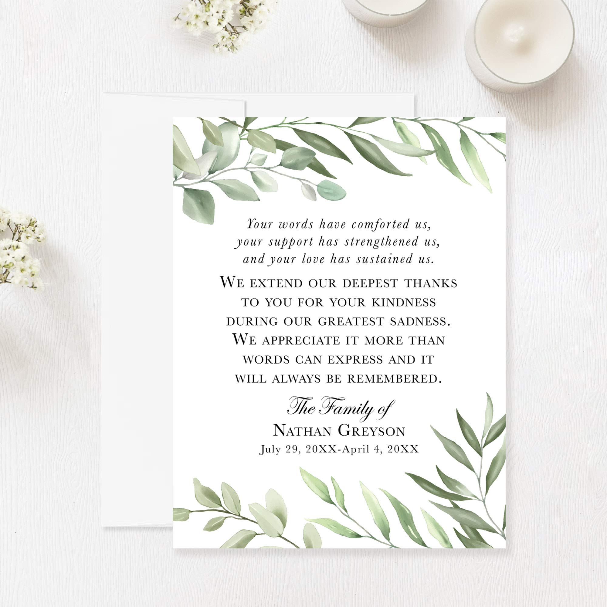 Hello Love Goods Greenery Funeral Thank You Cards, Sympathy Acknowledgement Cards, Bereavement Notes with Envelopes, 4.25x5.5 Flat Notecards