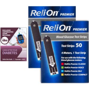 relion premier blood glucose test strips 50ct (2 pack) bundle with exclusive "look after your diabetes" - better idea guide (3 items)