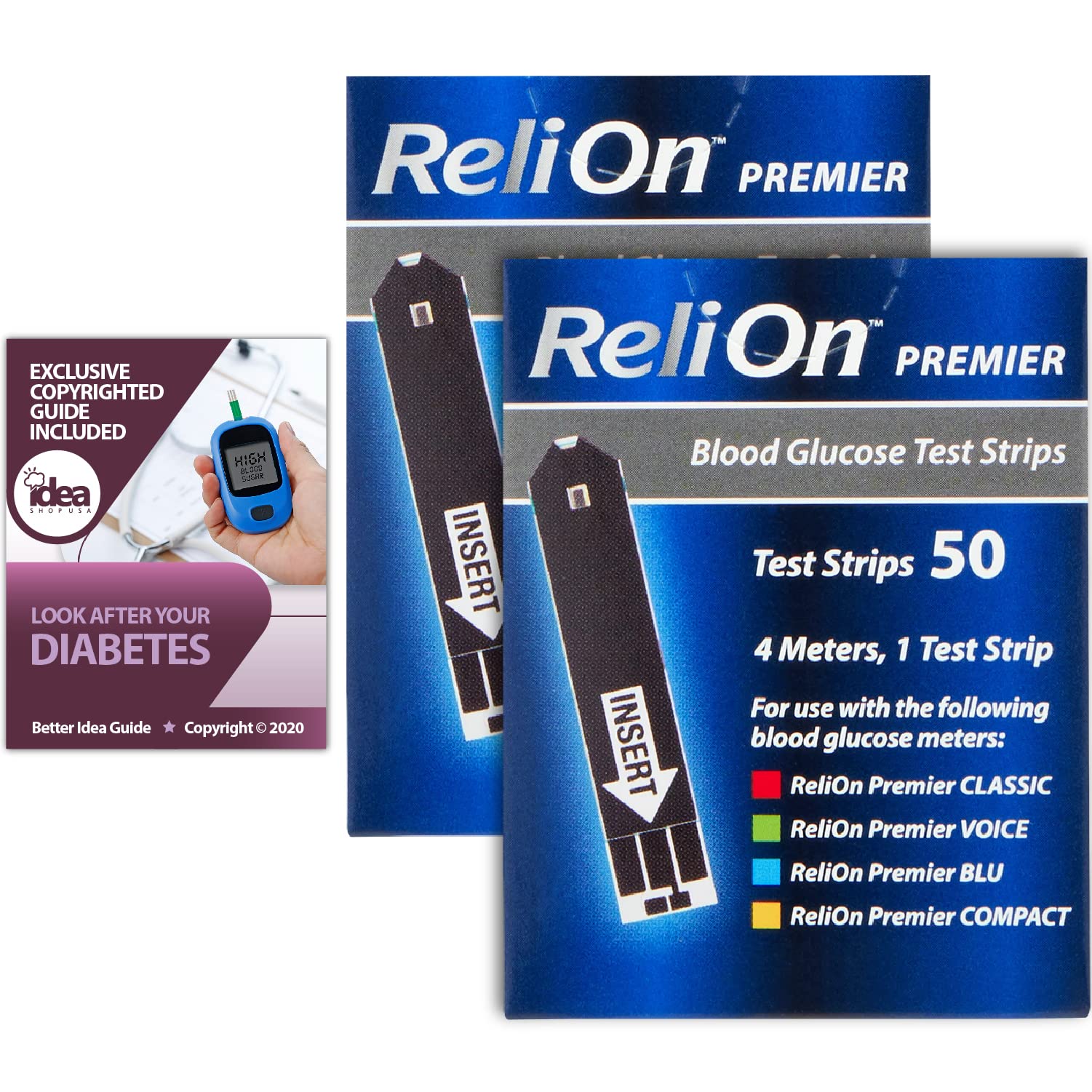 Relion Premier Blood Glucose Test Strips 50ct (2 Pack) Bundle with Exclusive "Look After Your Diabetes" - Better Idea Guide (3 Items)