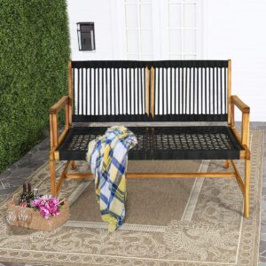 Tangkula 2-Person Patio Acacia Wood Bench Loveseat Chair, Outdoor Patio Bench Acacia Wood Bench in Teak Oil Finish, Patio Loveseat Rope Bench for Balcony Deck Poolside Porch (Black)