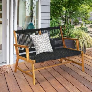 Tangkula 2-Person Patio Acacia Wood Bench Loveseat Chair, Outdoor Patio Bench Acacia Wood Bench in Teak Oil Finish, Patio Loveseat Rope Bench for Balcony Deck Poolside Porch (Black)