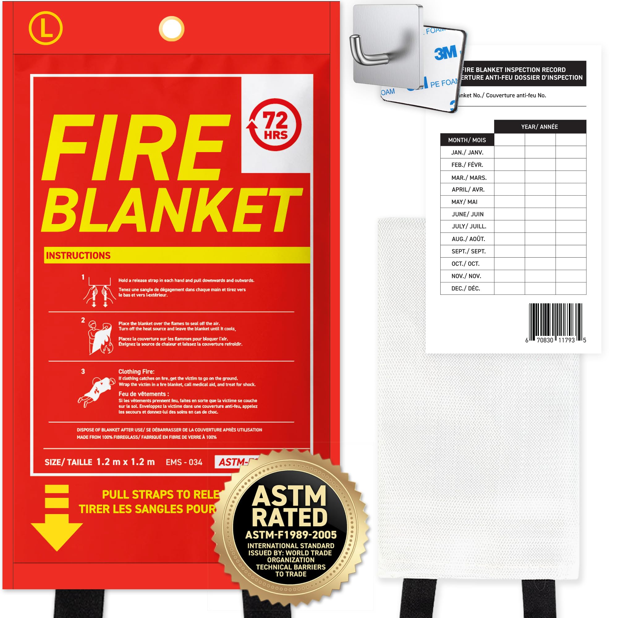 72 HRS Fiberglass Fire Blanket - Fire Blanket for Home, Kitchen Fire Blanket | Fire Extinguishers Home | Essential Fire Safety Tool, Emergency Fire Blanket | (1PC, 47"x47")