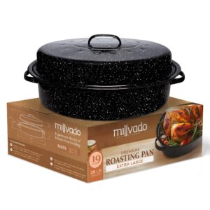 millvado roasting pan with lid, thanksgiving turkey roaster pan, extra large 20 lb capacity, 19" granite oven roaster oval shaped speckled enamel on steel cookware