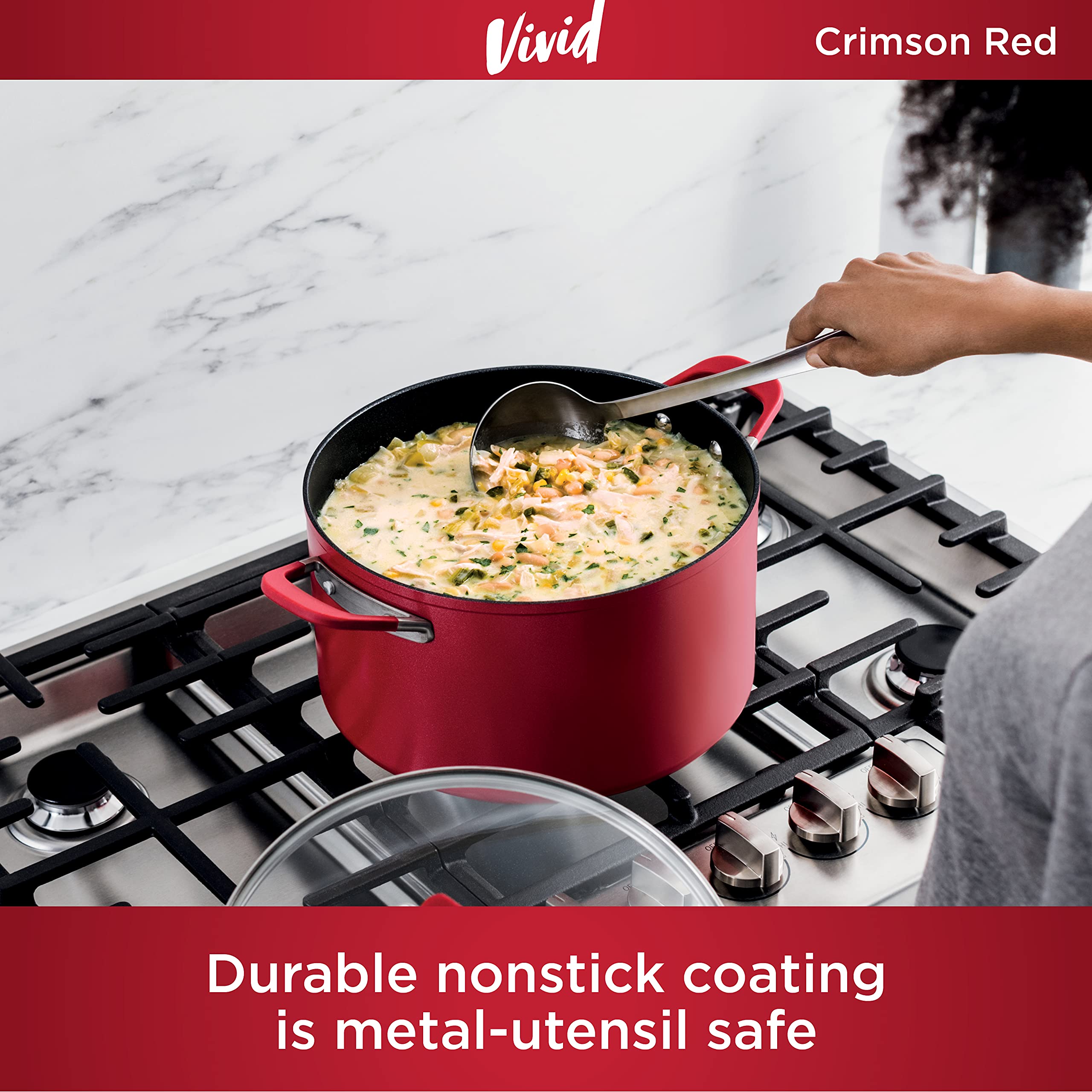 Ninja C20480 Foodi NeverStick Vivid 8-Quart Stock Pot with Glass Lid, Nonstick, Durable & Oven Safe To 400°F, Cool-Touch Handles, Crimson Red