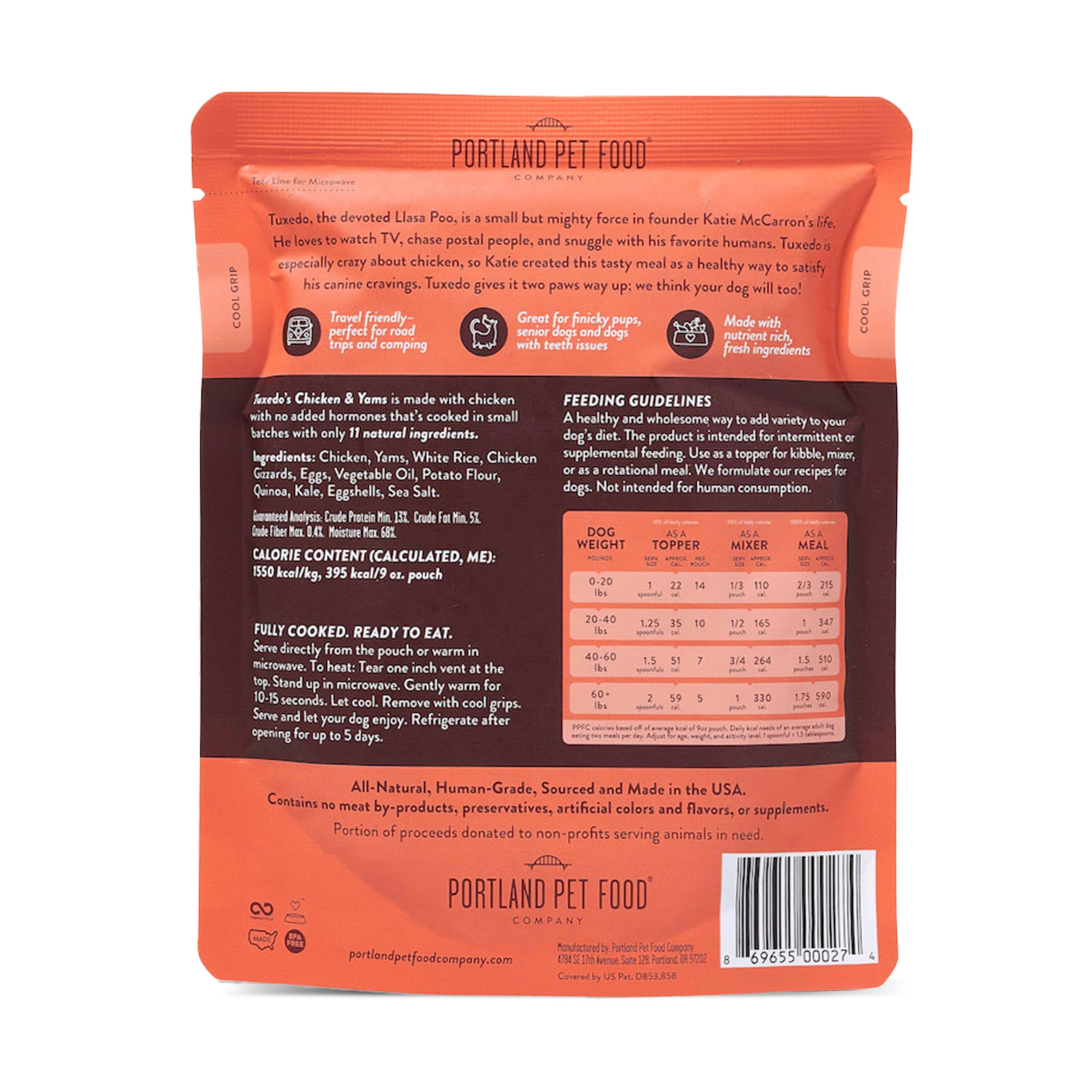 Portland Pet Food Company Tuxedo’s Chicken & Yams Wet Dog Food Pouches - Human-Grade, Gluten-Free Dog Food Toppers and Meals for Small, Medium and Large Breeds - Fresh Dog Food Made in the USA - 8-Pk