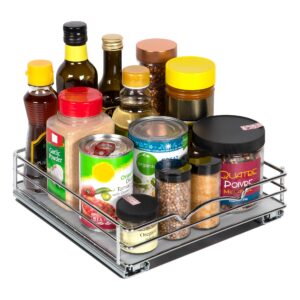 pull out cabinet organizer for spices, cans - heavy duty with lifetime limited warranty- pull out spice rack- cabinet pull out shelf for cans,dishes, etc, 10-3/8"wx 10-3/8"d x 2-1/8 h, chrome