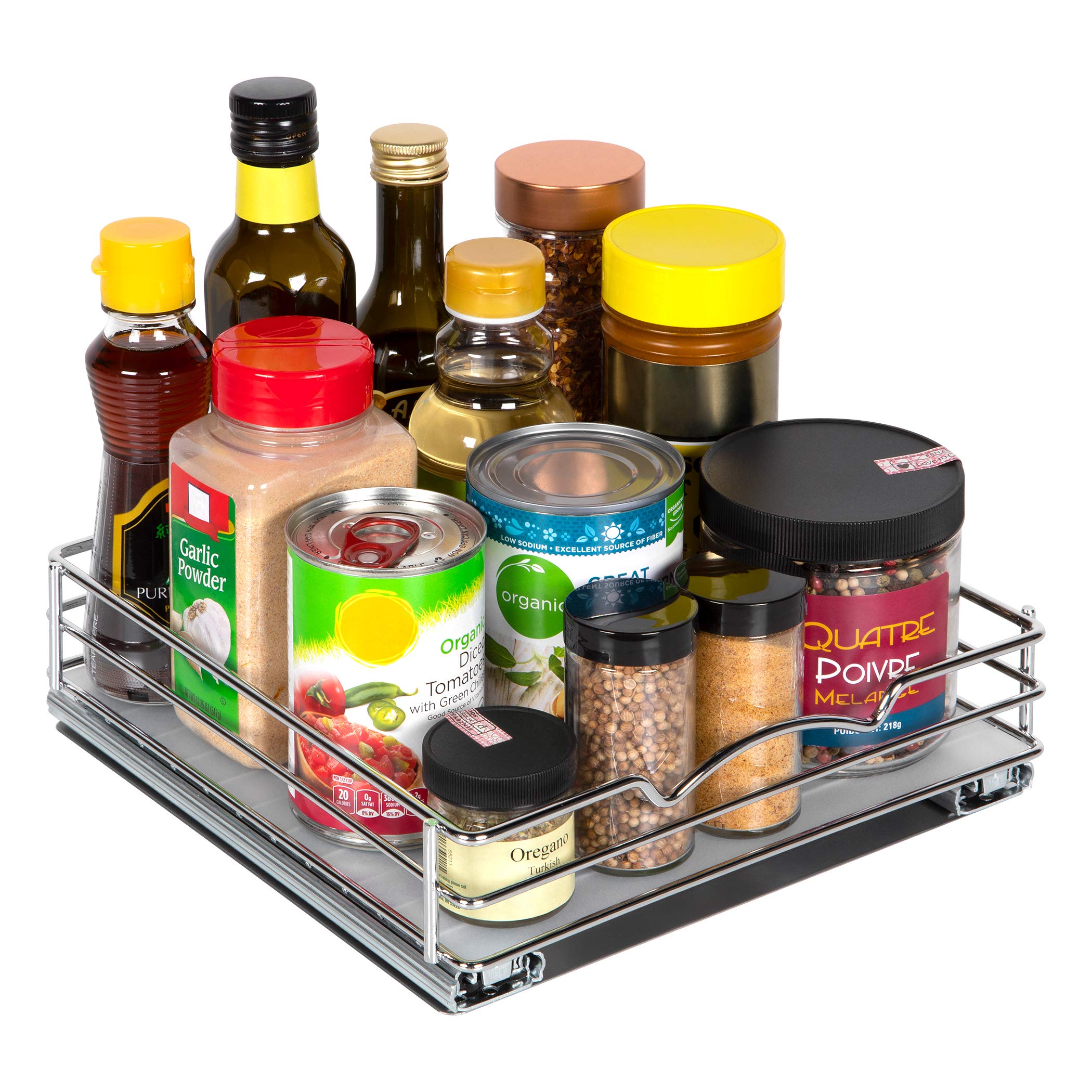 Pull Out Cabinet Organizer for Spices, Cans - Heavy Duty with Lifetime Limited Warranty- Pull Out Spice Rack- Cabinet Pull Out Shelf for Cans,Dishes, Etc, 10-3/8"Wx 10-3/8"D x 2-1/8 H, Chrome