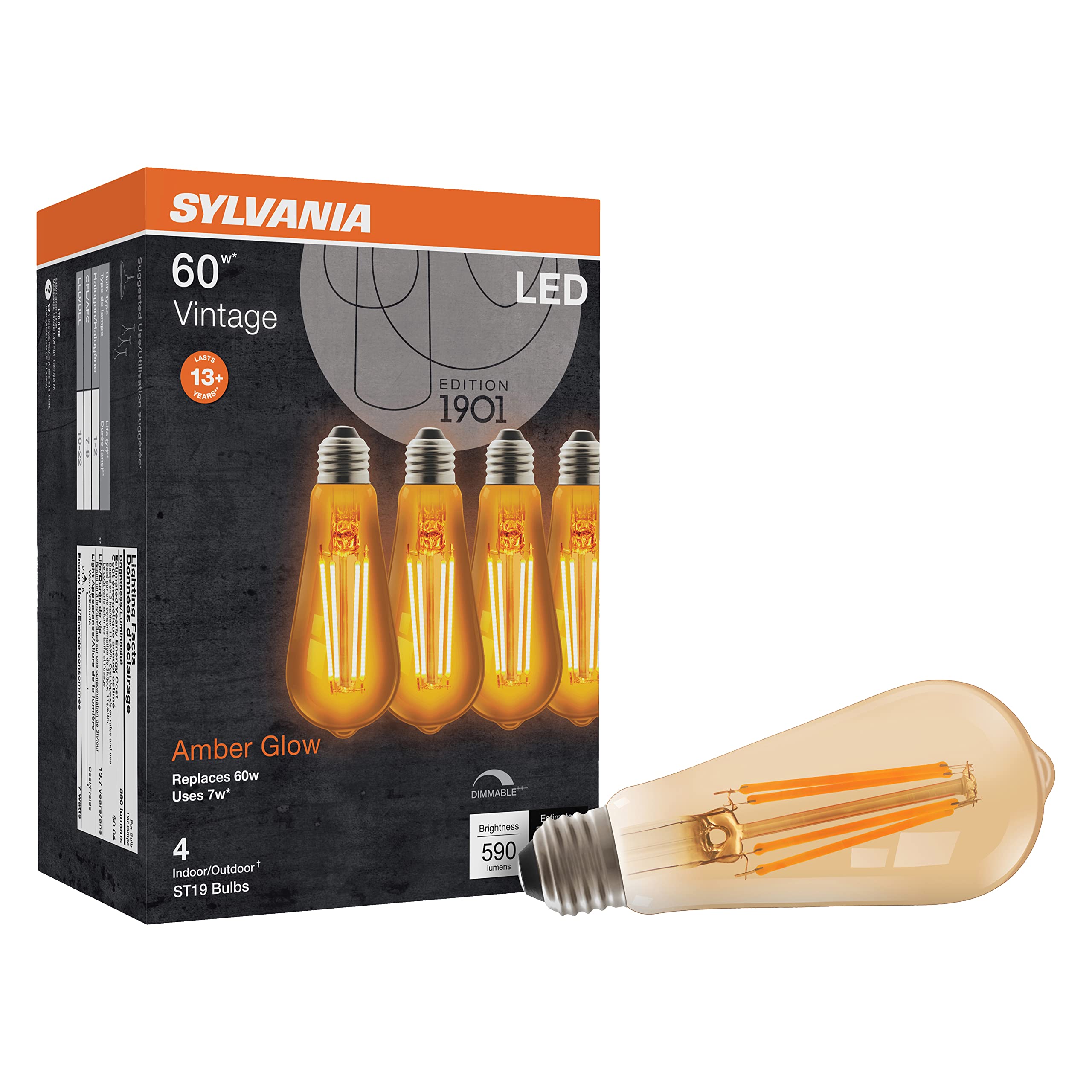 SYLVANIA LED Vintage Filament ST19 Light Bulb, 60W Equivalent, Efficient 7W, Medium Base, 650 Lumens, Dimmable, 2175K, Amber Glow - 4 Pack (40329)