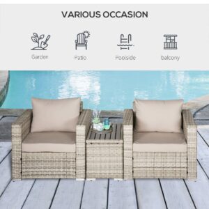 Outsunny 3 Piece Patio Furniture Set, PE Rattan Small Wicker Balcony Furniture, Table & Chairs with Cushions Composite Table, Conversation Set for Apartment, Gray