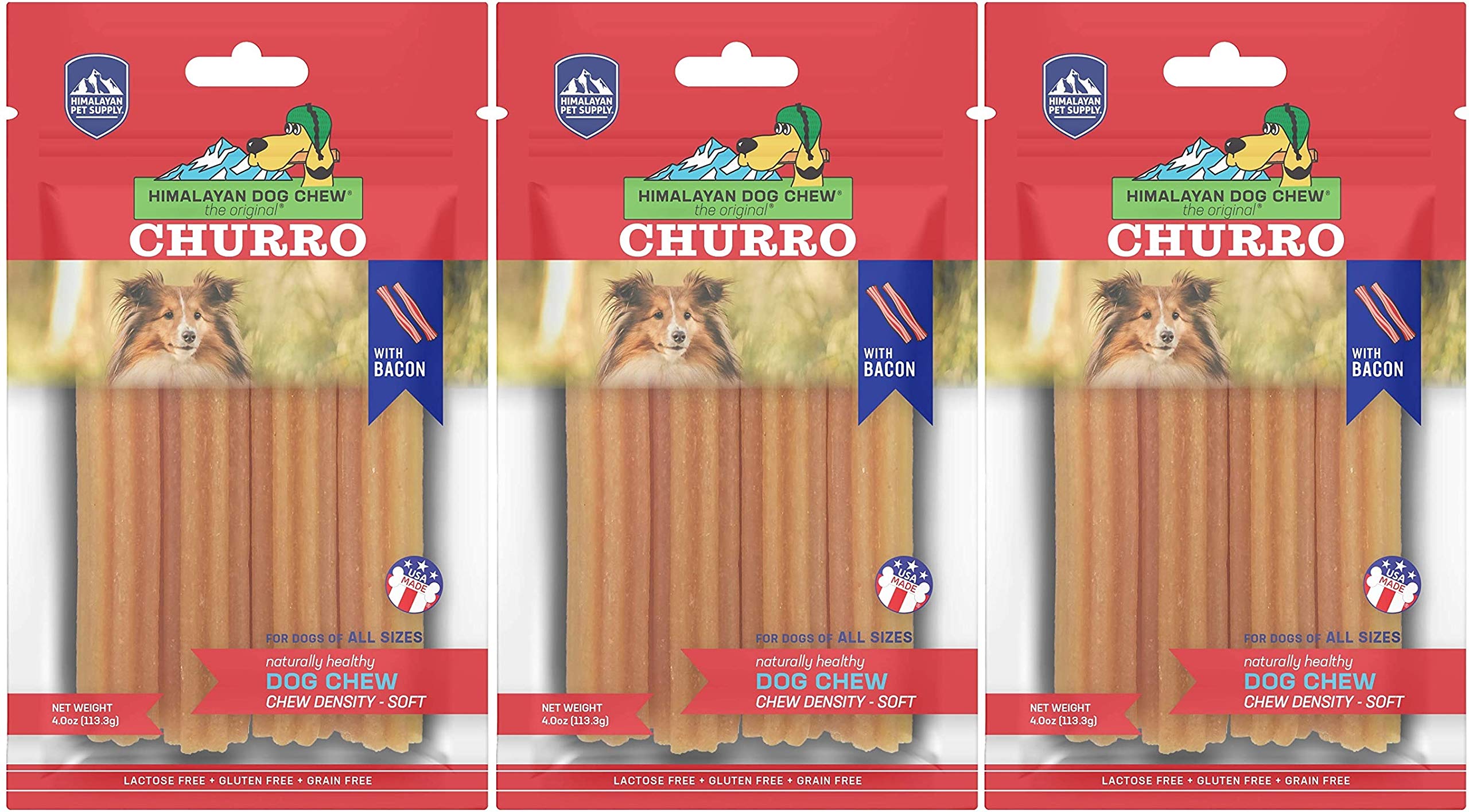 Himalayan Chews 3 Pack of Bacon Yaky Churros Soft Chews, 4 Ounces Each, for Dogs, No Lactose or Grains