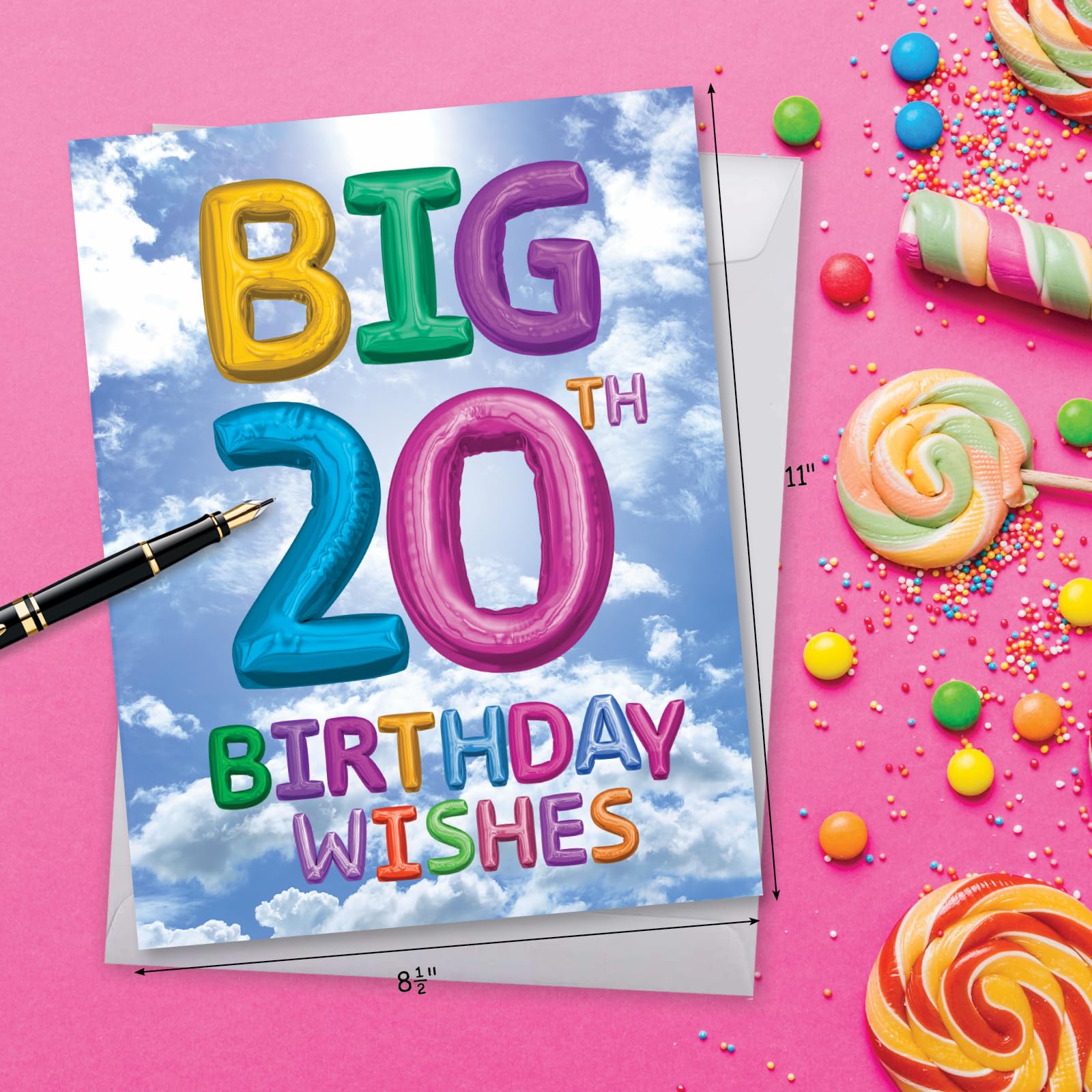 NobleWorks - 20th Birthday Card Jumbo from All of Us (8.5 x 11 Inch) - Milestone of 20 Years, Large Notecard w/Envelope (Not Actual Balloons, 3D or Raised) - Inflated Messages J9394MBG-US