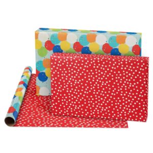 American Greetings Reversible Birthday Wrapping Paper, Stars, Polka Dots, and Balloons (3 Pack, 120 sq. ft)