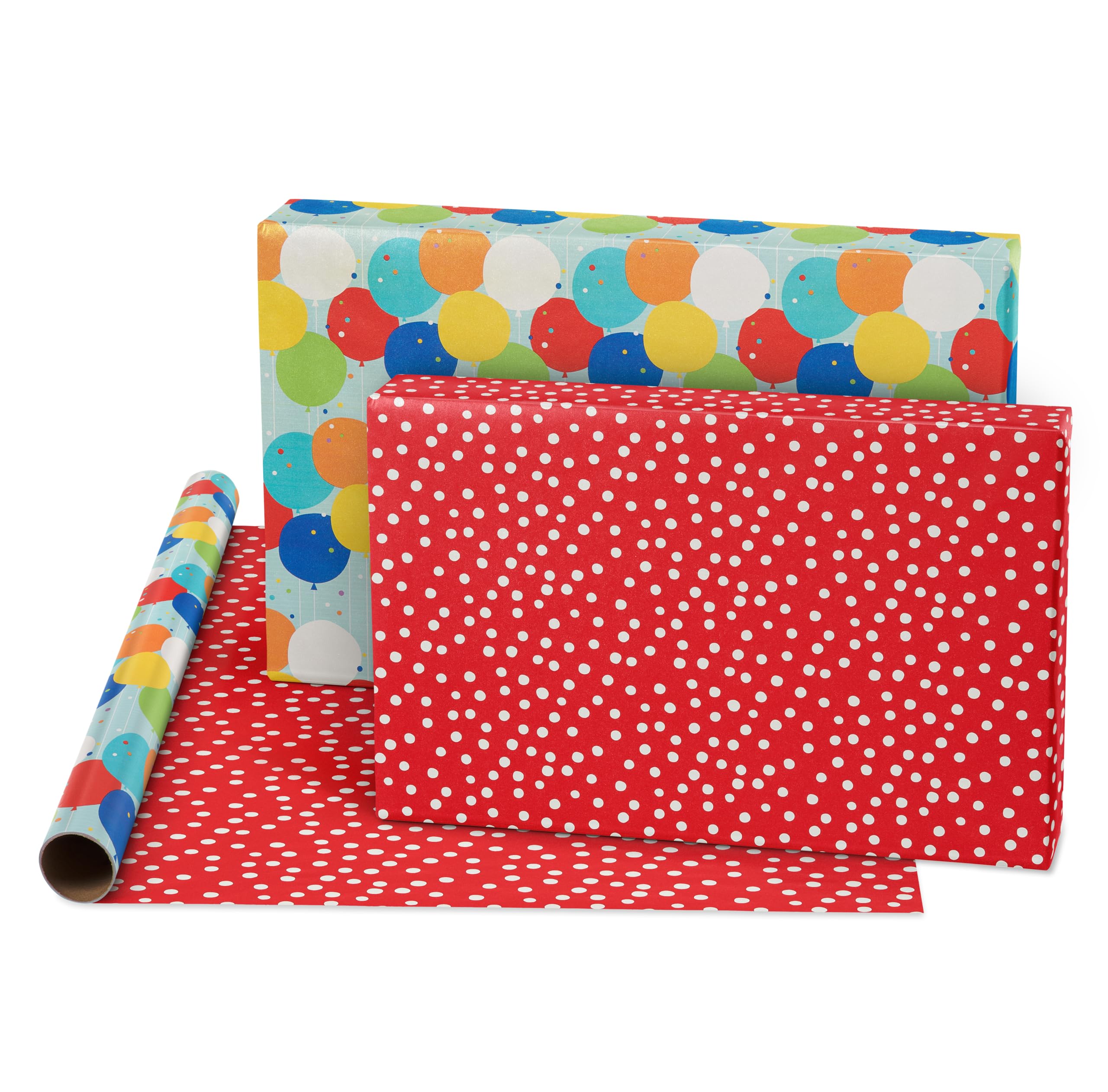 American Greetings Reversible Birthday Wrapping Paper, Stars, Polka Dots, and Balloons (3 Pack, 120 sq. ft)