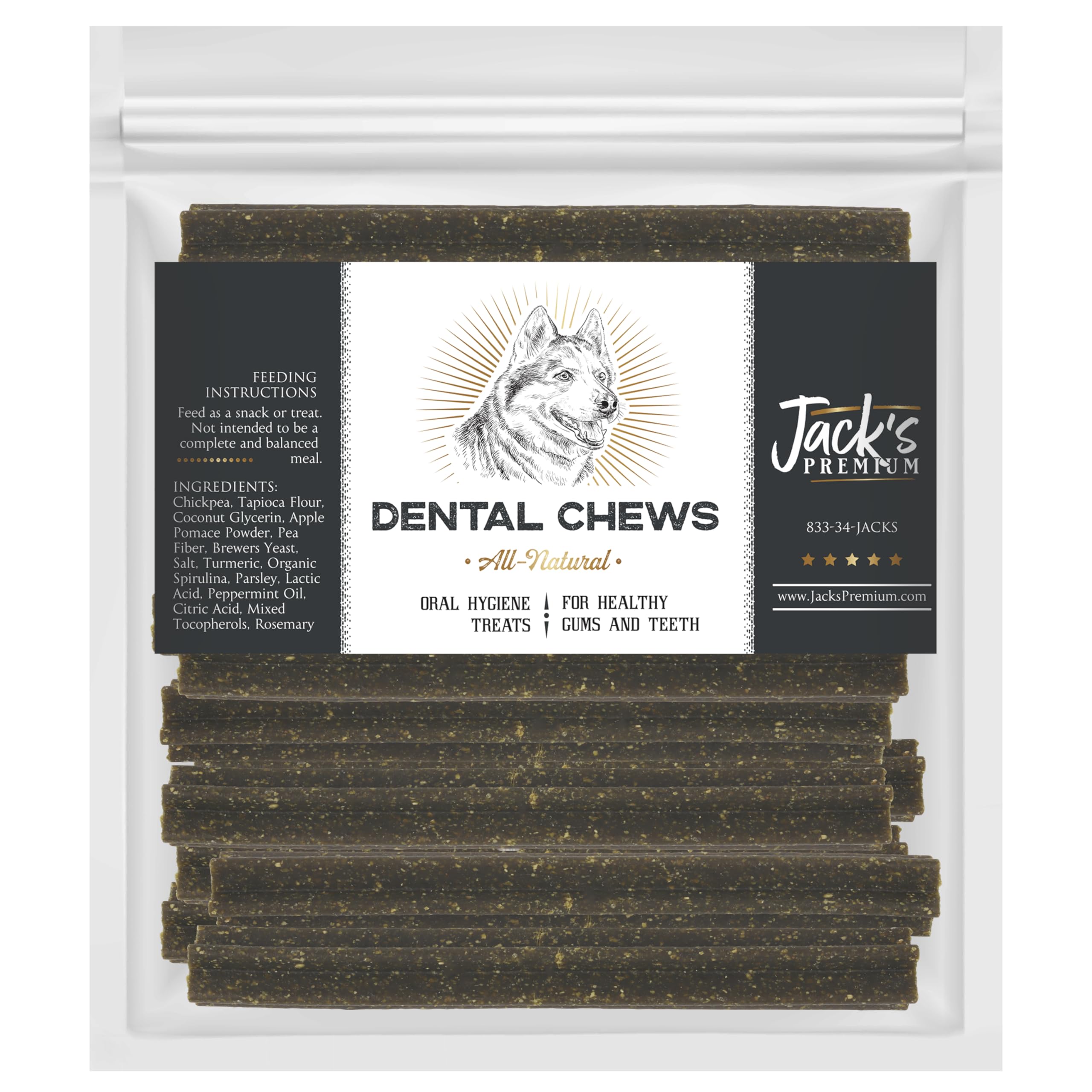 Jack's Premium Dental Treats for Dogs- Natural Chew for Dental Support & Tartar Control- Grain Free Functional Treat with Organic Spirulina, Peppermint, (24 Sticks)