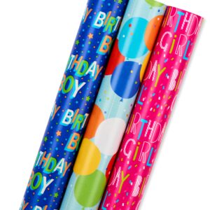 American Greetings Reversible Birthday Wrapping Paper, Stars, Polka Dots, and Balloons (3 Pack, 120 sq. ft)