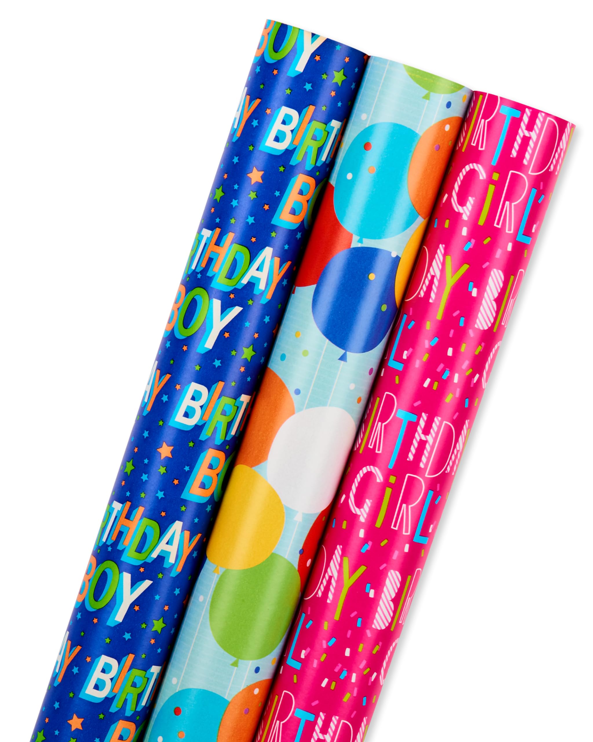 American Greetings Reversible Birthday Wrapping Paper, Stars, Polka Dots, and Balloons (3 Pack, 120 sq. ft)