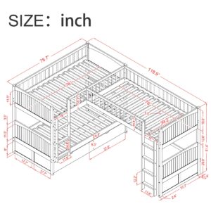 Triple Bunk Beds, L-Shaped Bunk Bed for 3 with Drawers,Twin Over Twin Wood Bunk Bed and Loft Bed with Storage for Kids, Boys, Girls, Teens, Adults, Gray