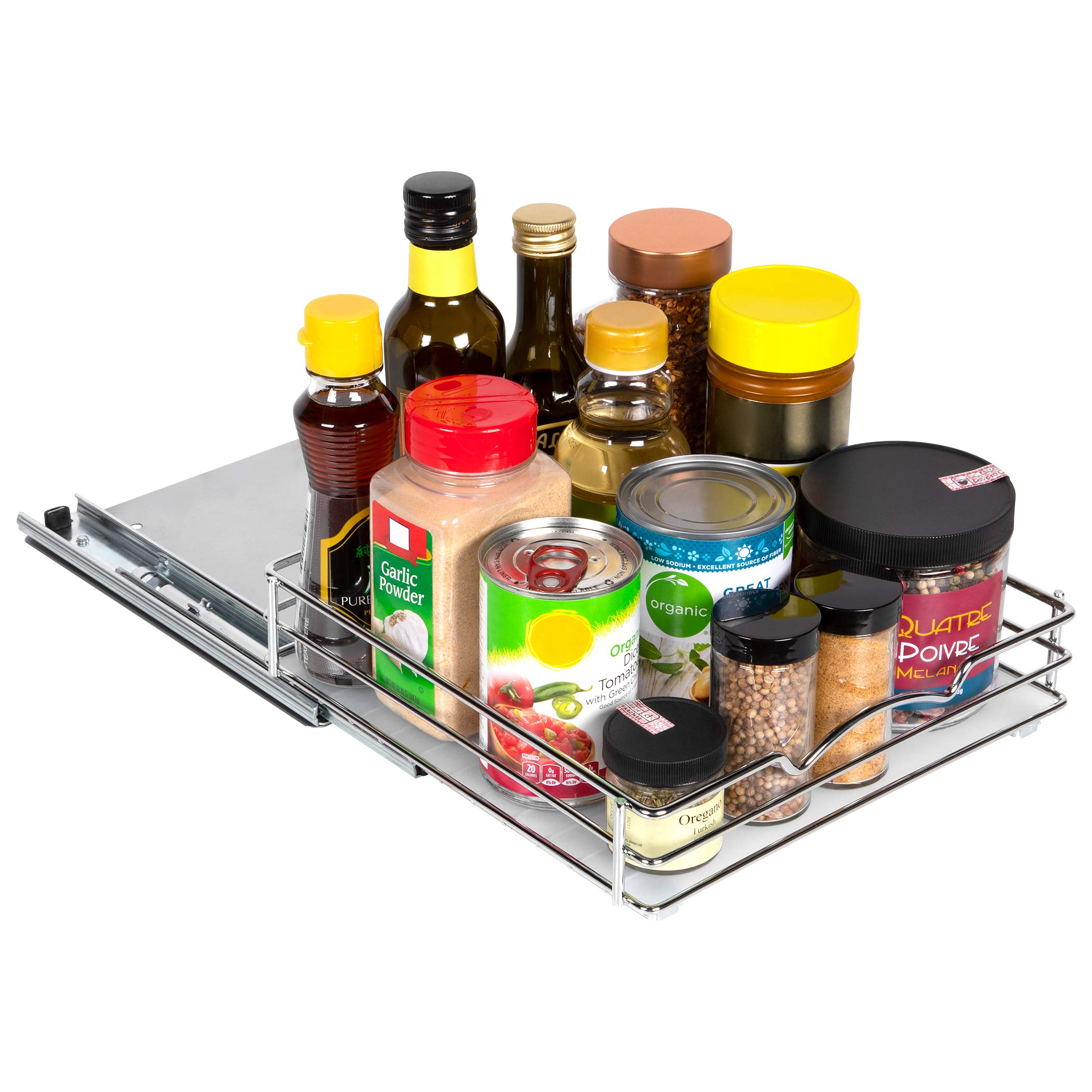 Pull Out Cabinet Organizer for Spices, Cans - Heavy Duty with Lifetime Limited Warranty- Pull Out Spice Rack- Cabinet Pull Out Shelf for Cans,Dishes, Etc, 10-3/8"Wx 10-3/8"D x 2-1/8 H, Chrome