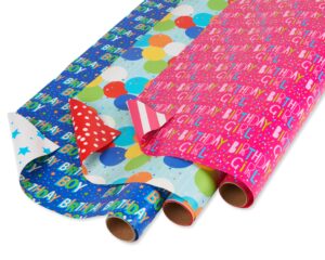 american greetings reversible birthday wrapping paper, stars, polka dots, and balloons (3 pack, 120 sq. ft)