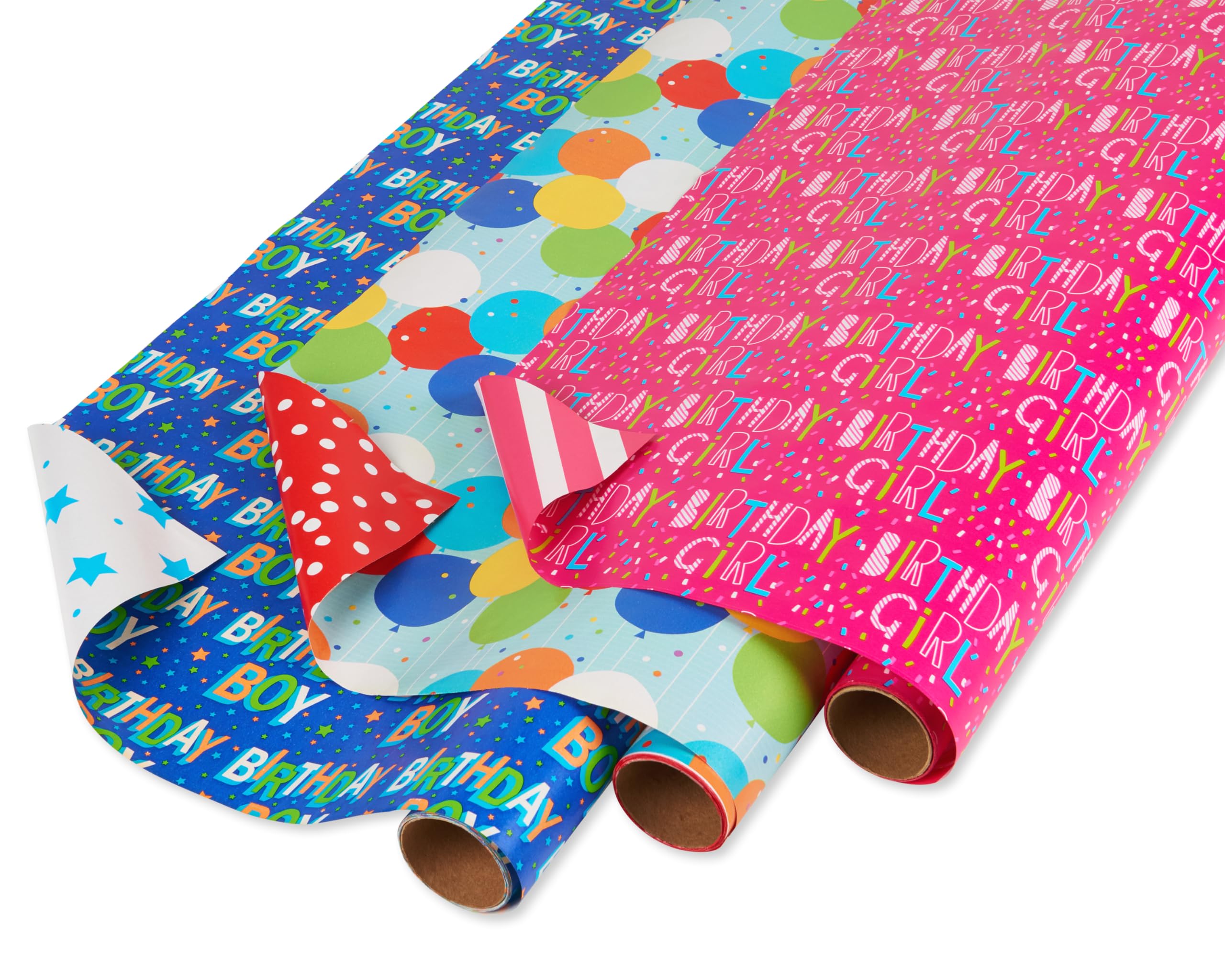 American Greetings Reversible Birthday Wrapping Paper, Stars, Polka Dots, and Balloons (3 Pack, 120 sq. ft)