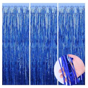 kirikou pack of 3 navy blue metallic tinsel foil fringe curtains photo booth props backdrop for birthday bachelorette bridal baby shower party decorations (navy, 3.2ft x 6.5ft)