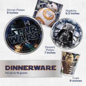 Classic Star Wars Party Supplies - Serves 16 - Birthday Table Cover, Banner Decoration, Large Dinner Plates, Small Cake Plates, Cups, Napkins, Candles, Button